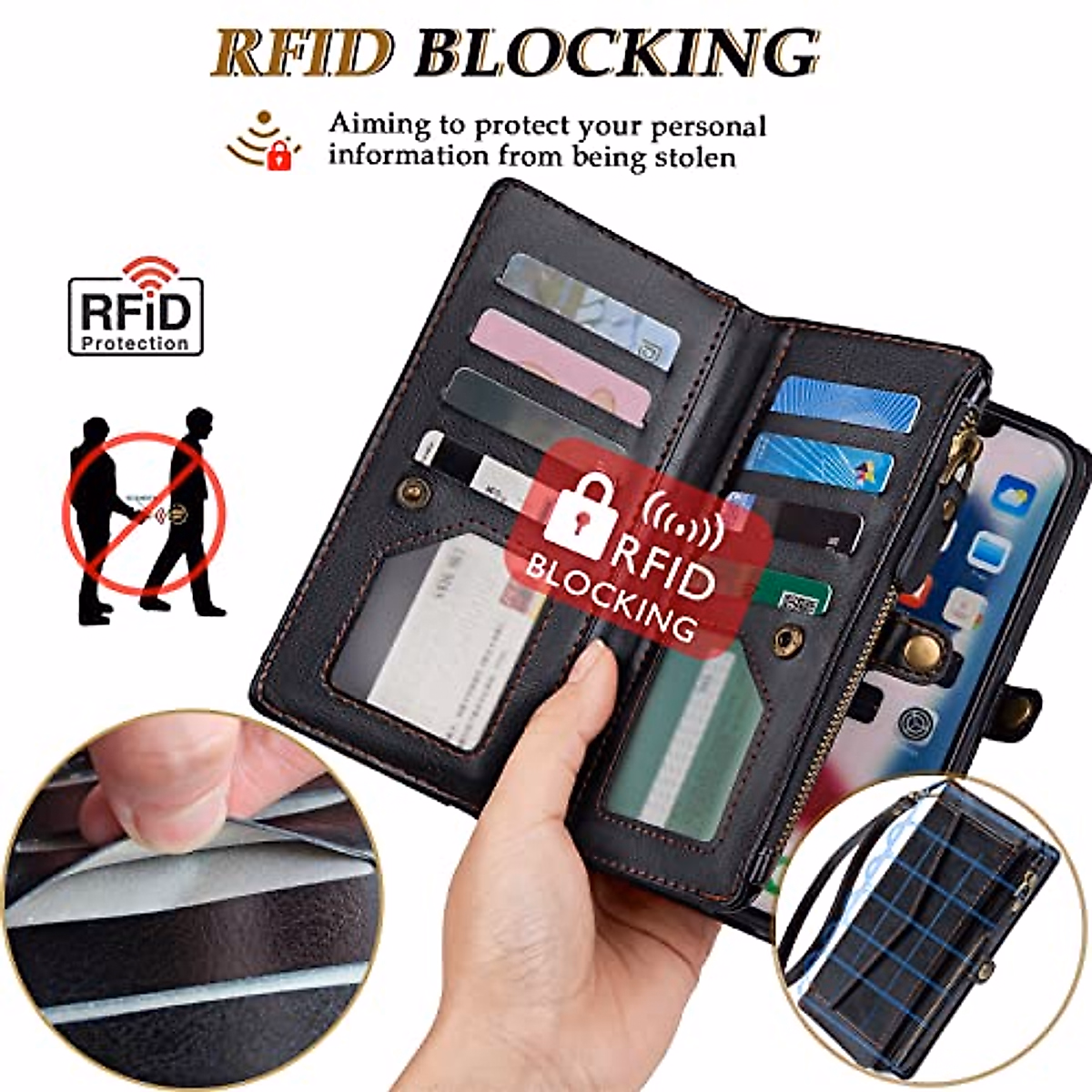 DKDKSIP for iPhone 14 Pro Max Wallet Case for Women, Support Wireless Charging with RFID Blocking Card Holder, Leather Zipper 2 in 1 Detachable Magnetic Phone Case with Crossbody Strap Wristlet, Black