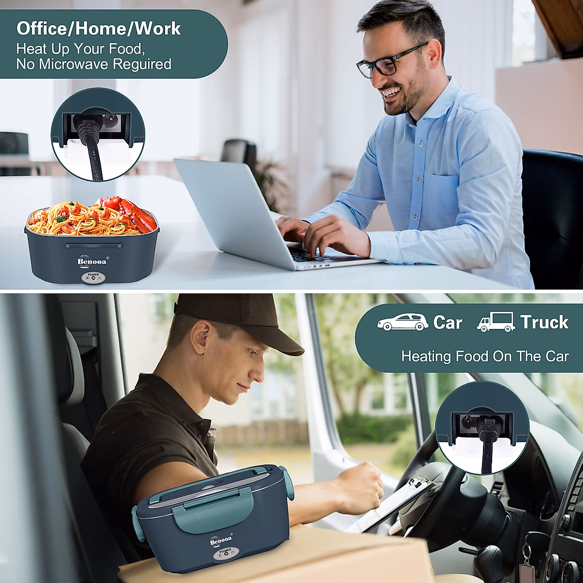 Benooa Electric Heating Lunch Box,3 in 1 Heated Lunch Box for Adults,60W 12/24/110V Leakproof Portable Food Warmer Heater for Car Truck Office Home With Sauce Box & Bag