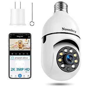 Noonkey Light Bulb Security Camera 3MP, Alexa E27 Light Socket Camera for Outdoor, Wireless WiFi Home IP Camera w/Motion Tracking Detection Alarm, 360 Degree, Color Night Vision, 2-Way Talk, 3 Pack