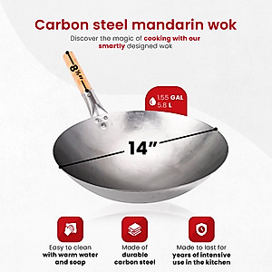 14-inch Fire Wok – Hand Hammered Carbon Steel Wok Pot – Pre-Seasoned Nonstick Round Bottom Wok for Induction, Electric, Gas Stove – Traditional Stir-Fry Pan with Ergonomic Handle With Bonus Ring