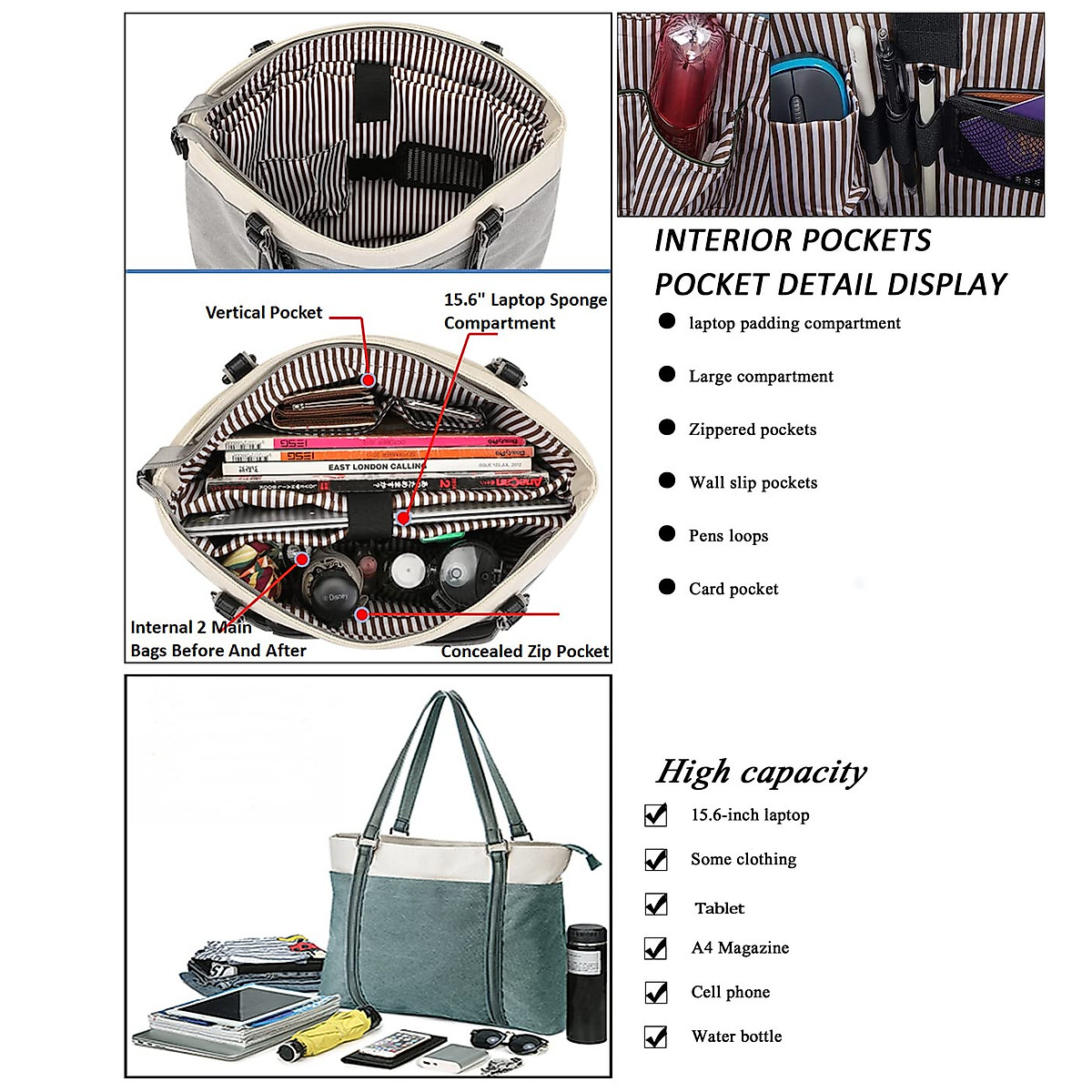 Scioltoo Teacher Tote Bags 15.6 Inch Vintage Canvas Laptop Tote with Zipper and Pockets Ladies Office Bag Womens Practical Shoulder Purse for Work Dark gray (B-Dark gray)