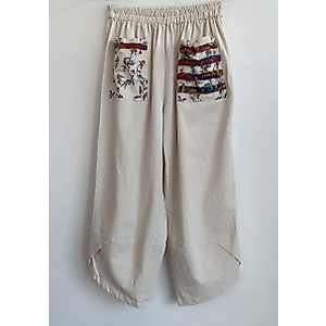 Minibee Women's Baggy Linen Wide Leg Trousers Casual Patchwark Elastic Waist Harem Pants Linen XL