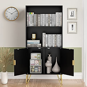 Anbuy Black Open Shelf Bookcase with Doors, Floor Standing Display Cabinet Rack with Gold Legs, Wooden Bookshelf for Home Decor Furniture for Home, Office, Living Room, Bedroom