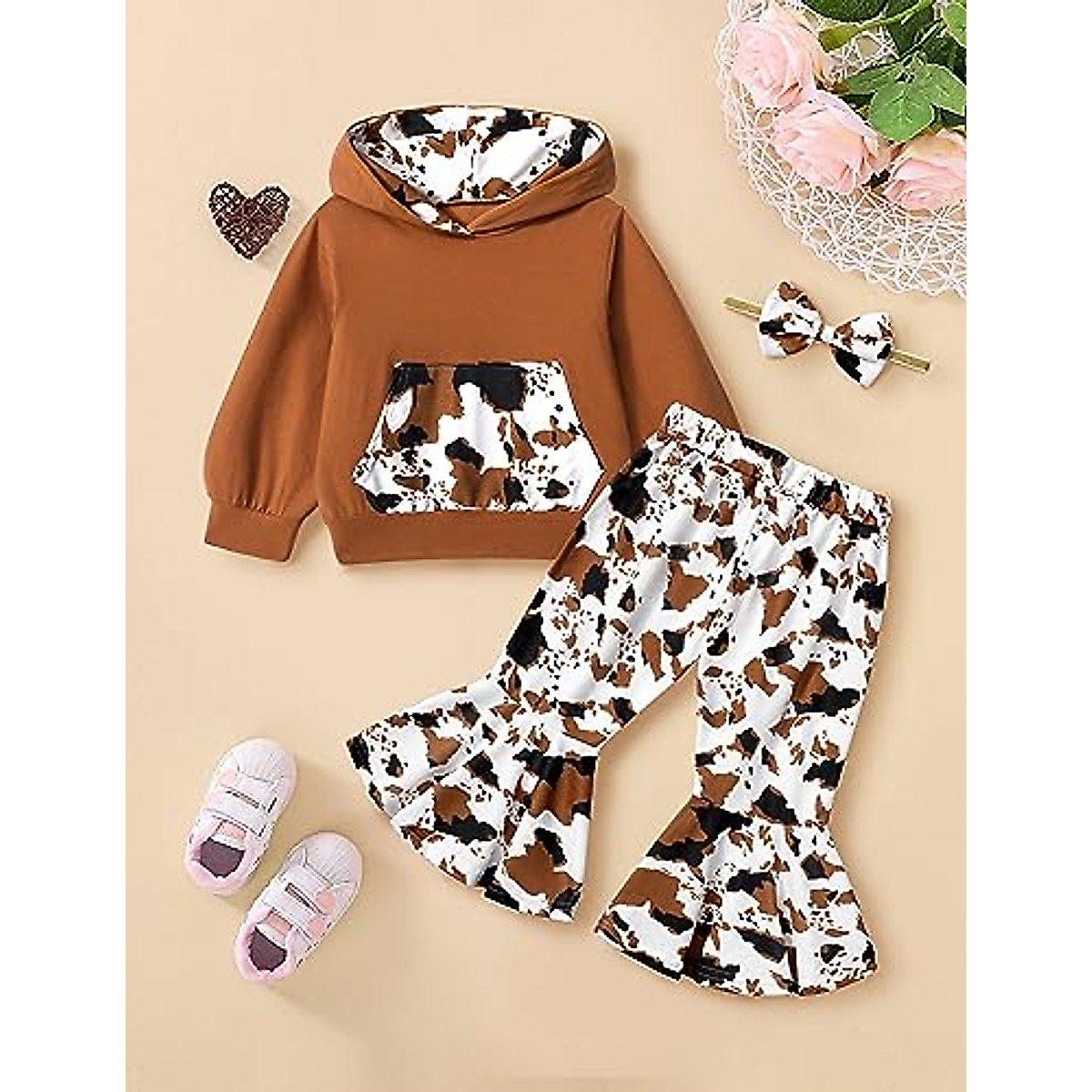 AGAPENG Baby Girl Cow Print Hoodie Sweatsuit - Long Sleeve Sweatshirt & Flare Pants - Fall Winter Clothes 12-18 Month Thanksgiving Outfit