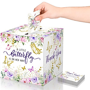 51 Pcs Butterfly Diaper Raffle Tickets with Diaper Raffle Card Box for Baby Shower Games A Little Butterfly is on Her Way Cards Boys Girls Gender Reveal Party Invitation Insert Card Game