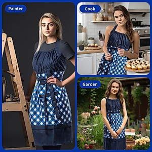 Alex Virtue Lovely Flower Pattern Retro Aprons With Large Pockets for Women Girls Cooking Kitchen Bakery Mother's Gift (Blue Plaid)