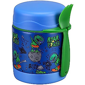 Pawtong 10oz Soup Thermo for Hot Food Kids Insulated Food Jar,Thermo Hot Food Lunch Container, Width Mouth Stainless Steel Lunch Box for Kids with Spoon (Blue-dinosaur)