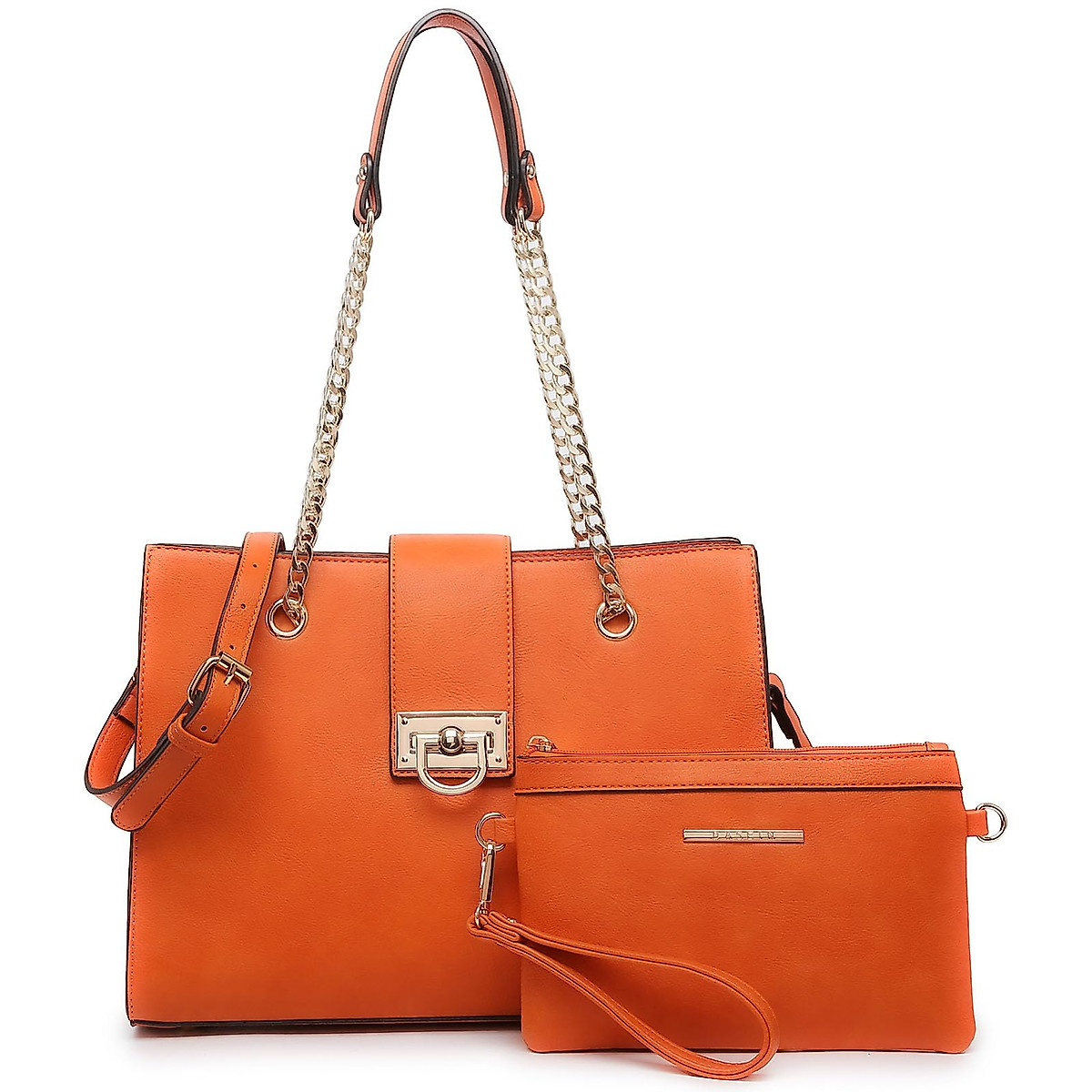 Dasein Women Fashion Tote Bags Handbag Purse Chain Shoulder Bag Top Handle Bag Hobo With Matching Clutch (Orange)