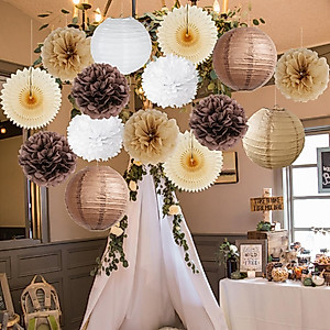 Cream Tan Brown Party Decorations Rustic Paper Fans Lanterns Pom Poms Boho Brown and Beige Neutral Party Decorations for Brown Birthday Decorations Baby Shower Bridal Shower Engagement Wedding