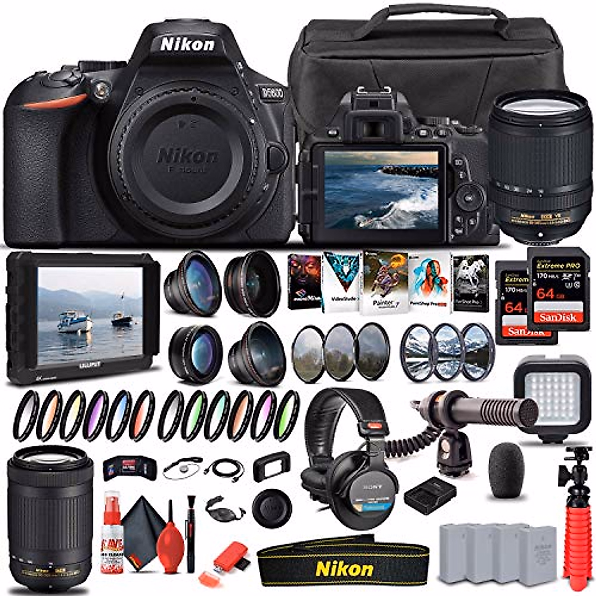 Nikon D5600 DSLR Camera with 18-140mm Lens (1577) + Nikon 70-300mm Lens + 4K Monitor + Pro Headphones + Pro Mic + 2 x 64GB Memory Card + Case + Corel Photo Software + Pro Tripod + More (Renewed)
