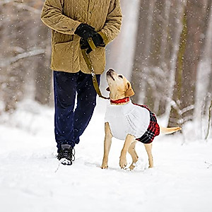 Pedgot 2 Pieces Dog Sweater Dress Plaid with Bowtie Turtleneck Dog Knitwear Pet Sweater Pullover Sweater for Dogs Cat Dress Checked (Beige, Grey, Large