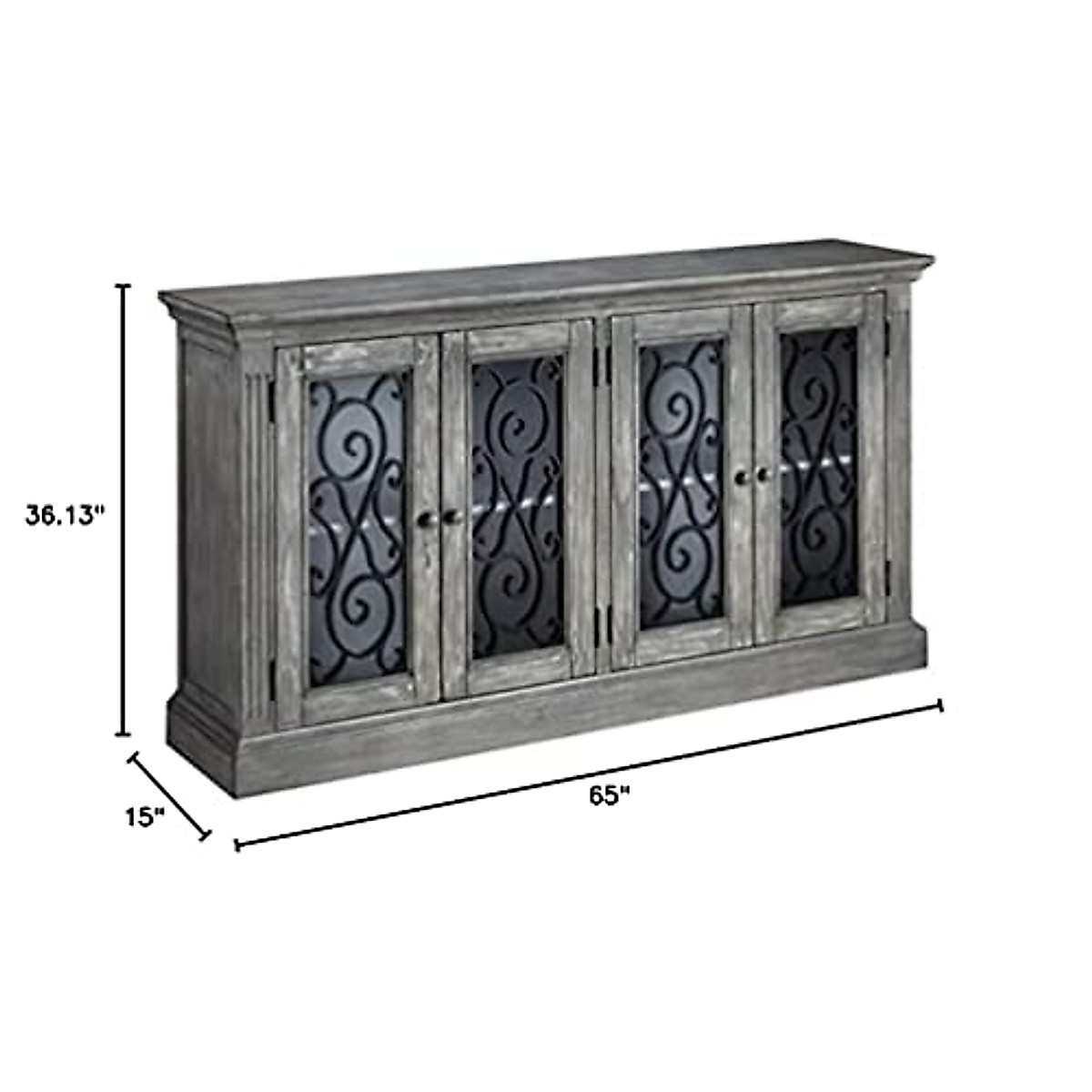 Signature Design by Ashley Mirimyn Vintage 65" 4-Door Accent Cabinet with Clear Glass Inlay and 2 Adjustable Shelves, Gray