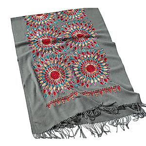 Urban CoCo Women's Embroidered Oversize Tassel Shawl Scarf Wraps for Women (Gray)