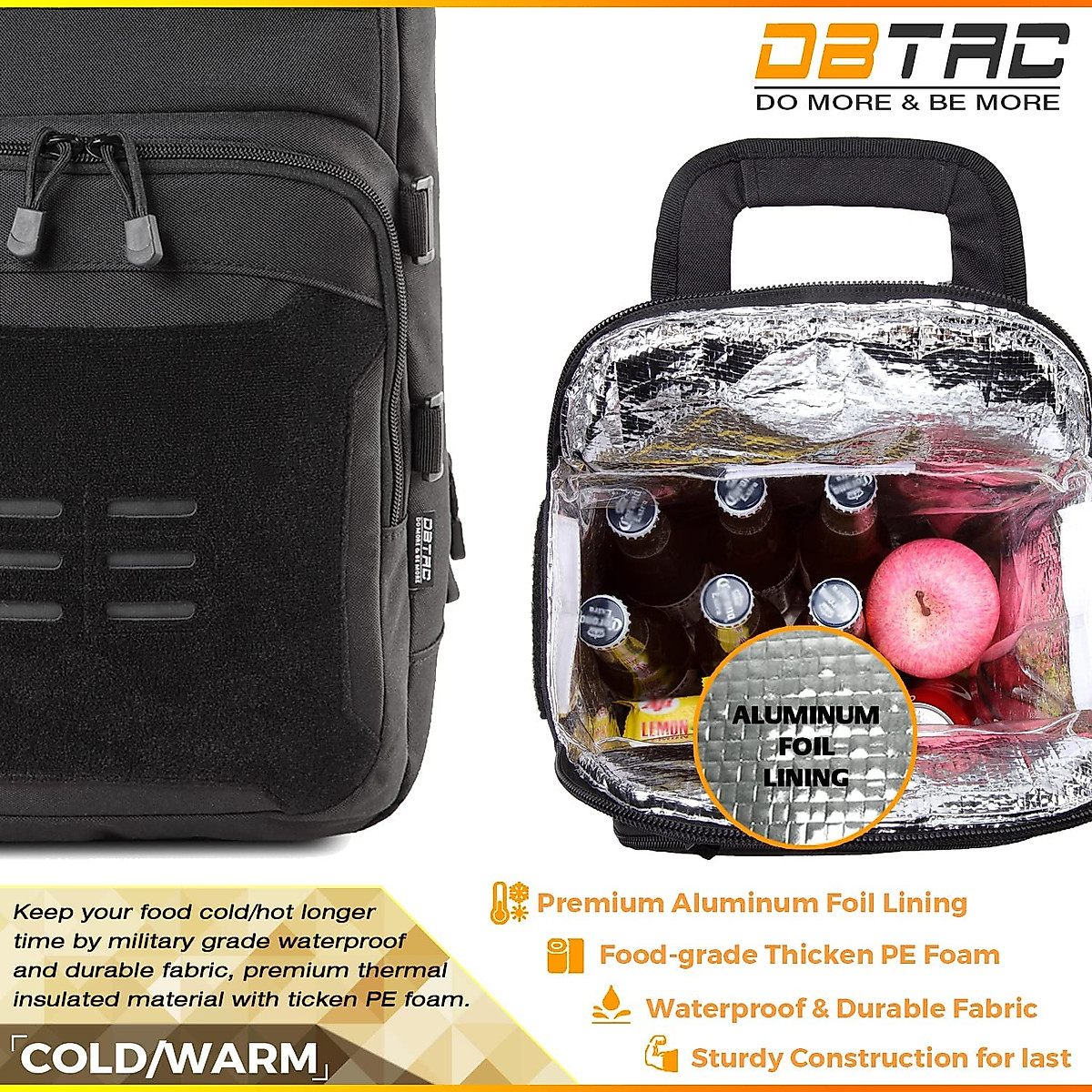 DBTAC Tactical Lunch Backpack, Large Lunch Cooler for Men Women Adult | Backpack Coolers insulated Leak Proof for Work Picnic Travel w/ Soft Easy-Clean Liner x2 (Black, 24-Cans)