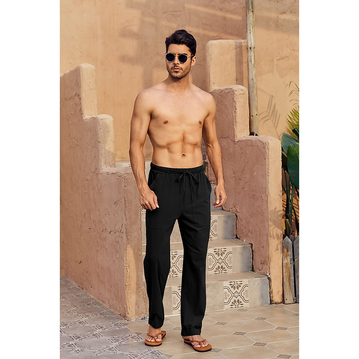 Gafeng Mens Linen Pants Yoga Beach Loose Fit Casual Summer Elastic Waist Drawstring Baggy Trousers with Pockets Black
