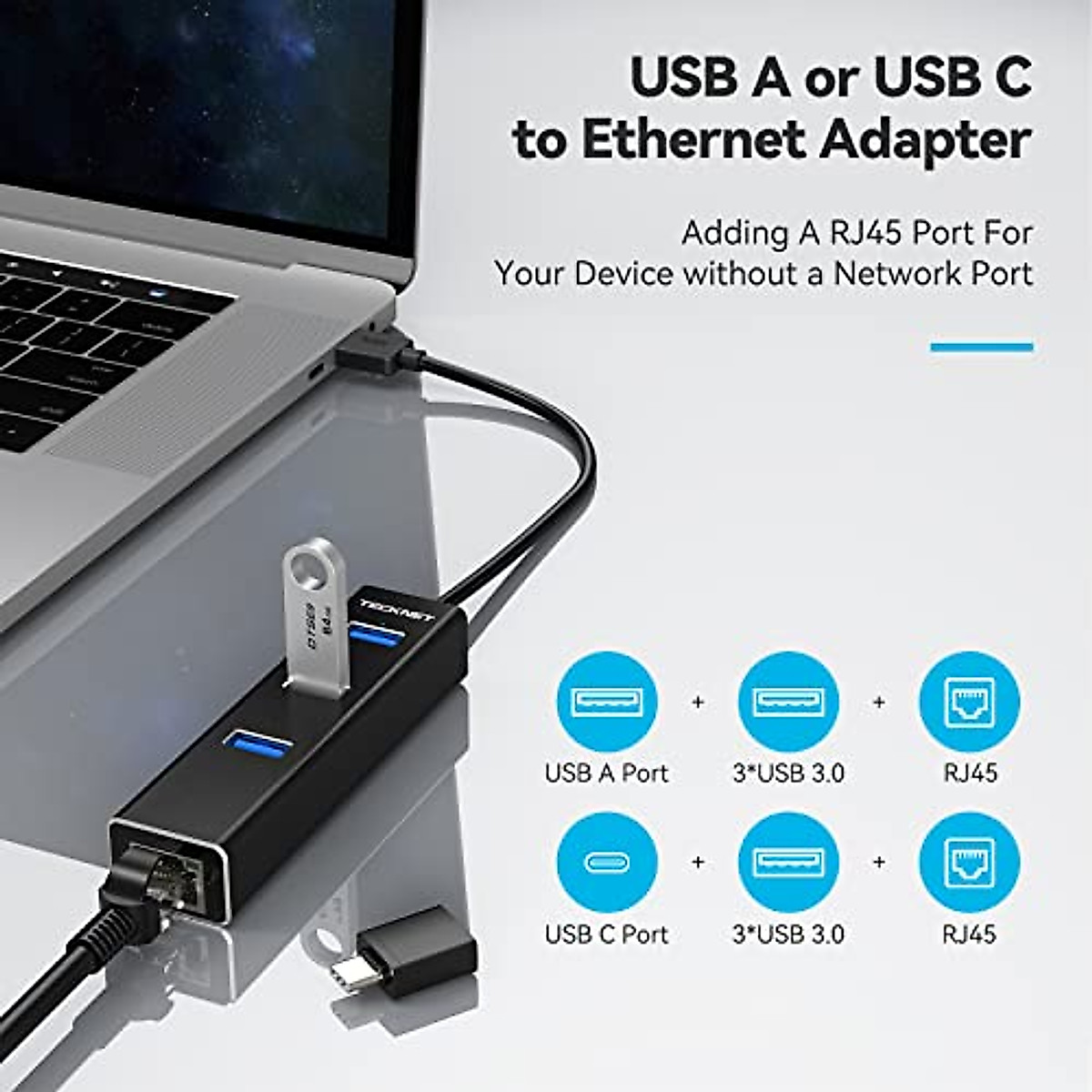 TECKNET USB to Ethernet Adapter, USB C to Ethernet, Aluminum 3 Port USB 3.0 Hub with RJ45 10/100/1000 Gigabit Ethernet Adapter Converter LAN Wired, USB Network Adapter with USB C Adapter for Laptop