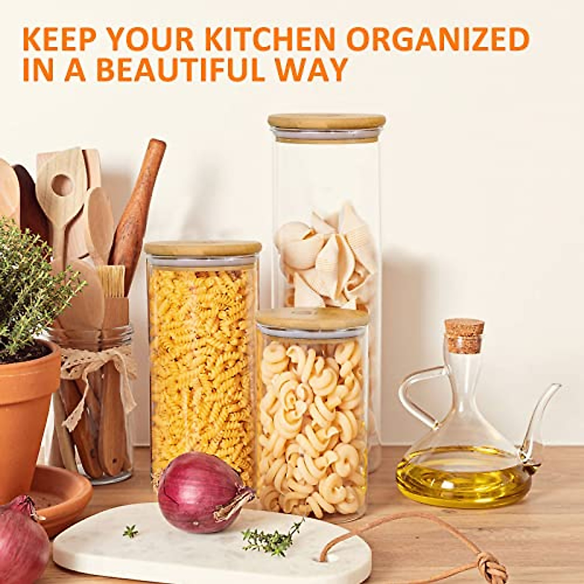 M MCIRCO Kitchen Canisters Set, 9Pcs Airtight Glass Jars with Bamboo Lids, Glass food Storage Containers for Kitchen & Pantry Organization, Cookie, Coffee, Pasta, Nuts and Spice Jars, Stackable