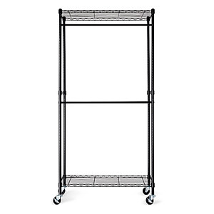 Amazon Basics Adjustable, Double Hanging Rod Garment Rolling Closet Organizer Rack - Black, 72 inches