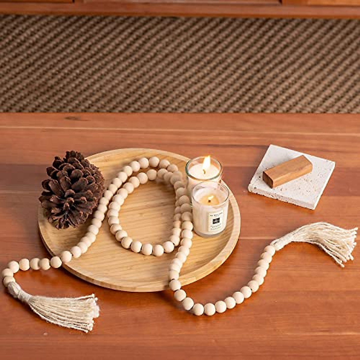 DECORKEY Farmhouse Wood Beads Garland Decor, 58 Inch Wooden Beads for Boho Home Decor with Tassels, Rustic Country Decor for Table, Wall, Shelf, Tray, Vase, Living Room, Bedroom, Summer