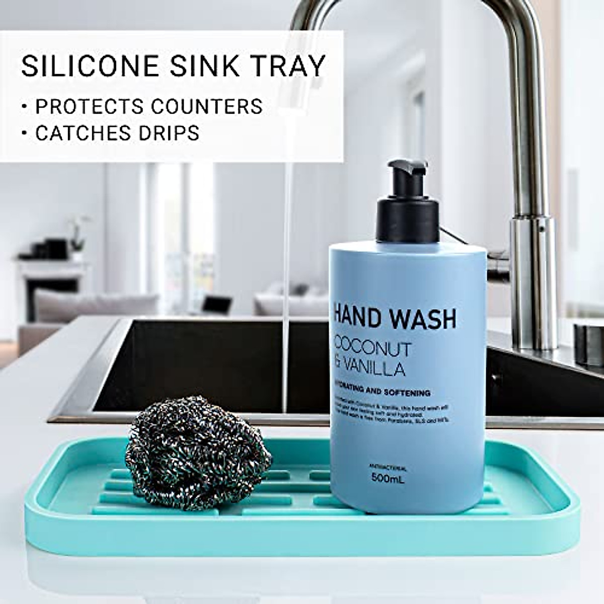 UHMER Silicone Sink Tray & Self Draining Soap Dish 4-Pack, Multipurpose Silicone Sponge Holder & Kitchen Sink Tray Set for Soap Bottles, BPA-Free Flexible Silicone Trays (Turquoise)