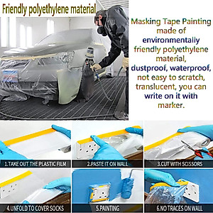 uyoyous 6 Rolls Plastic Painting Film, 9 x 67 ft Pre Taped Masking Paper, Plastic Masking Film, Tape and Drape Painters Paper Rolls for Automotive Furniture Painting Covering