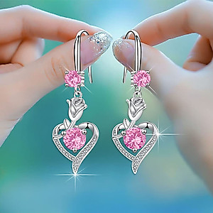 925 Sterling Silver Dangle Earrings for Women Nickel Free Hypoallergenic Earrings for Women Trendy Fashion Heart Dangle Drop Sparkly Crystal Earrings for Women