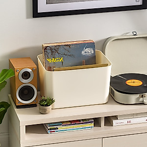 IRIS USA Plastic Basket Bin & Lid, Large, 4-Pack, Stackable Lidded Storage Organizer Bins for-Kitchen-Bathroom and Bedroom, Off White