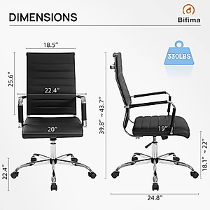 Office Desk Chair with Wheels, Beatmart INC Ergonomic Black Leather Conference Room Chairs Height Adustable | Ribbed High Back | Swivel Rolling Task Chair