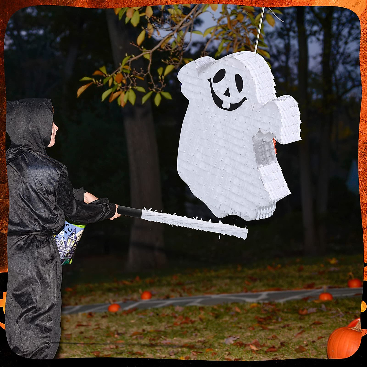 Halloween Ghost Piñata Spooky White Ghost Piñata with Stick and Blindfold Halloween Hanging Decoration Mexican Piñata for Kids Birthday Game Halloween Party Supplies