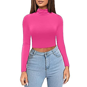 MSBASIC Pink Crop Tops for Women Trendy Underscrub Long Sleeve Turtleneck Basic Slim Fit Tshirts(X-Large,Hot Pink)