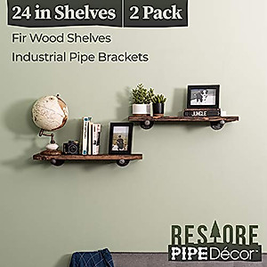 Industrial Pipe Wooden Shelves Restore by Pipe DÉCOR Premium Douglas Fir Wood Shelving 24 Inch Length Set of 2 Boards and 4 Straight Brackets Trail Brown Finish