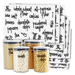 Talented Kitchen 157 Pantry Labels for Food Containers, Preprinted Clear Kitchen Food Labels for Organizing Storage Canisters & Jars, Black Script + Numbers Stickers (Water Resistant)