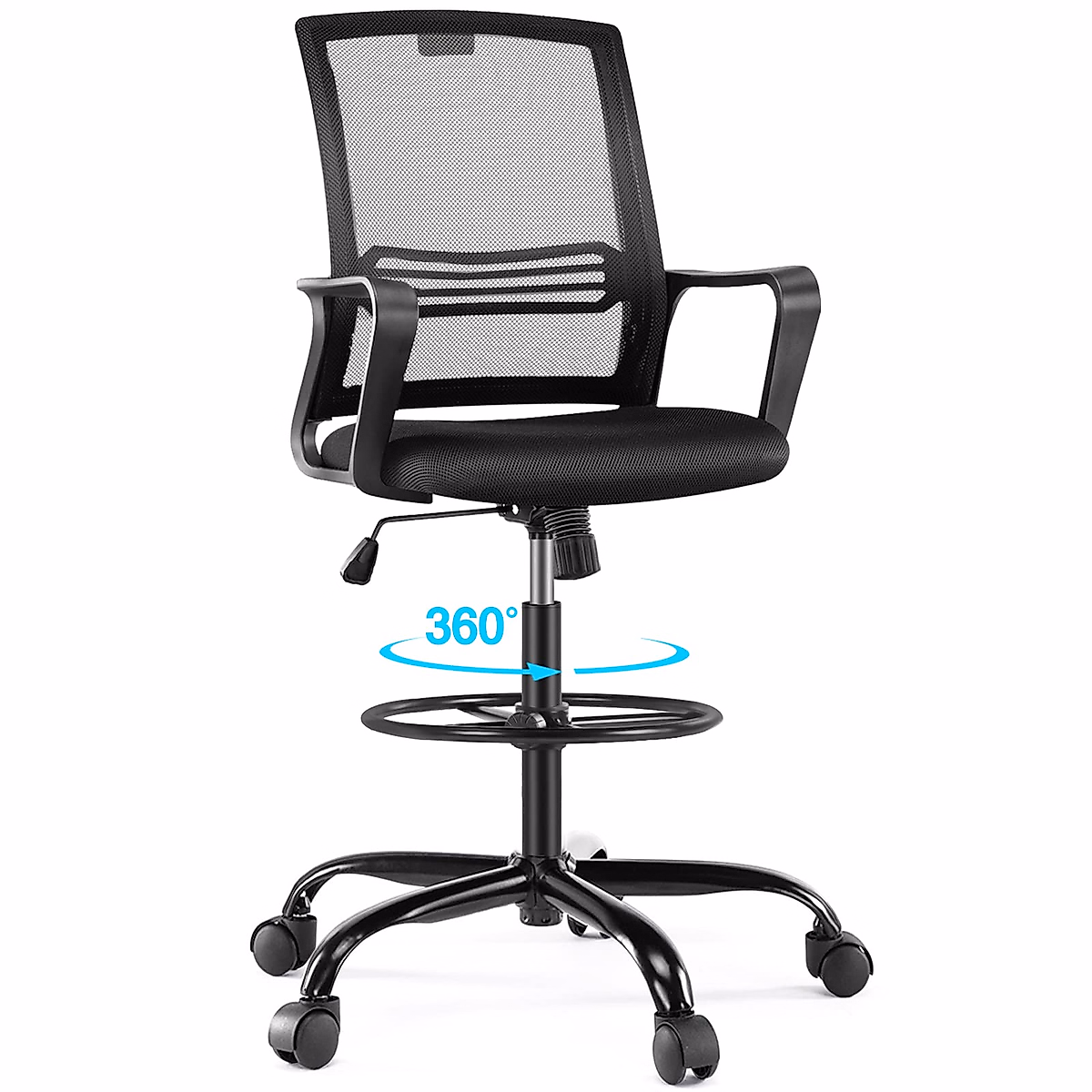 AFO Tall Drafting Chair with Adjustable Foot Ring Ergonomic Lumbar Support and Comfortable Armrest, High Resilience Sponge, Breathable Mesh Cloth, 360 Degree Swivel Rolling for Standing Desk, Black