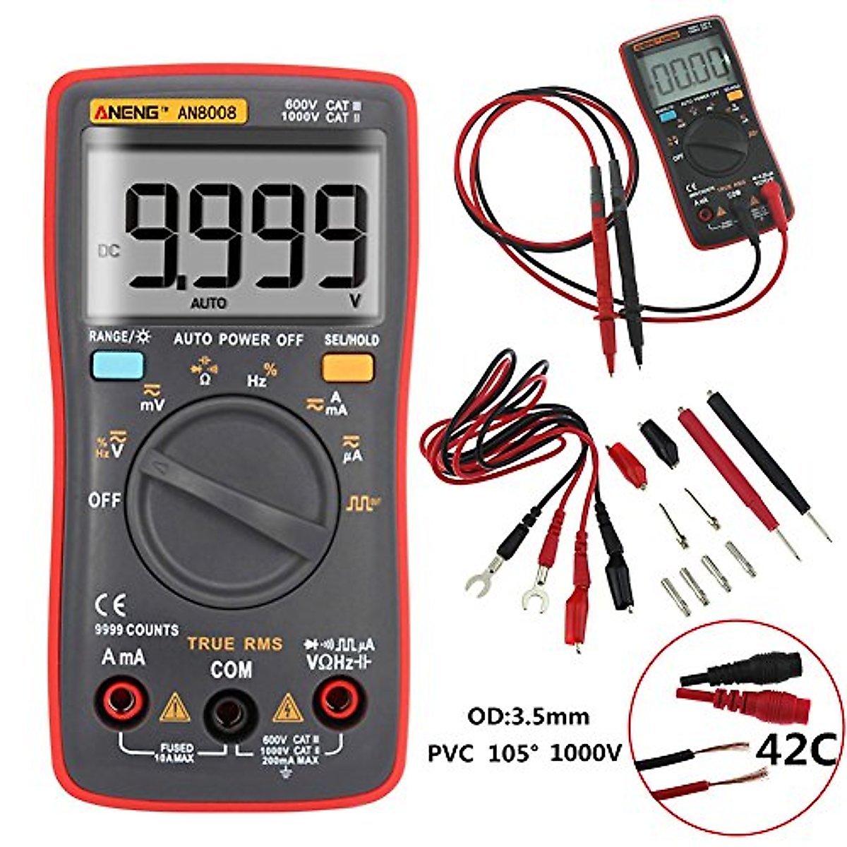 Alloet AN8008 True-RMS Digital Multimeter Square Wave Voltage Ammeter MAX Display 9999 Counts Auto/Manual Ranges True RMS