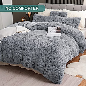 Fluffy Plush Duvet Cover Set Queen Size, Luxury Ultra Soft Velvet Fuzzy Comforter Cover Bed Sets 4Pcs(1 Faux Fur Duvet Cover + 2 Pillow Cases + 1 Pillow Cover) Zipper Closure (Light Gray)
