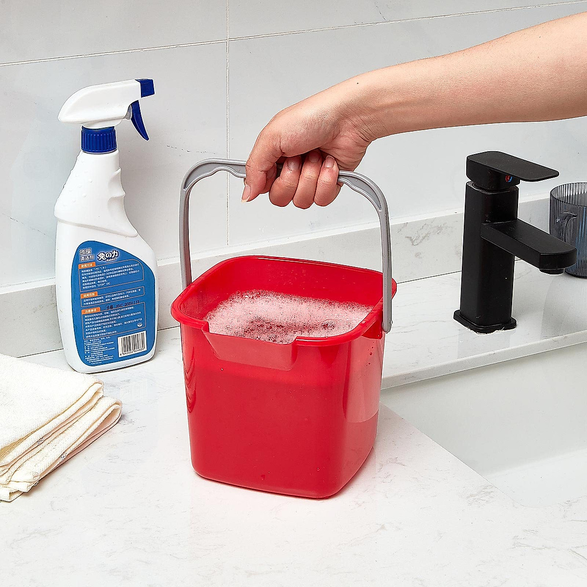 Irenare 8 Pcs Sanitizing Bucket 3 Quart Cleaning Bucket Small Detergent Square Bucket, Spout and Handle Plastic Utility Cleaning Pail for Kitchen Home Offices Commercial Use(Red)