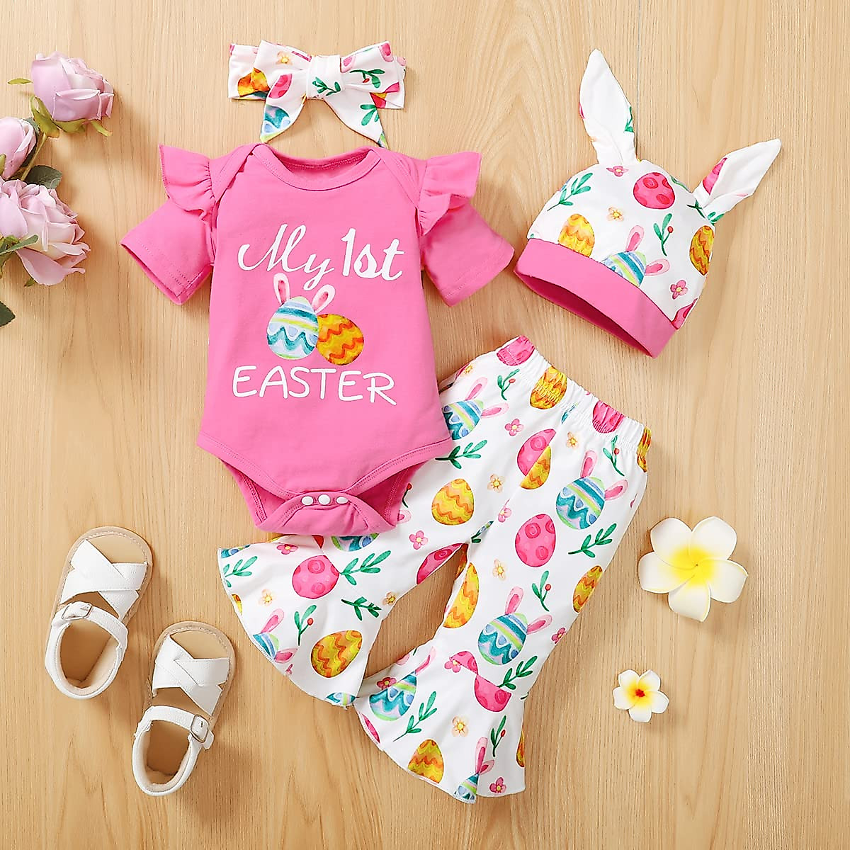 MoryGooder Baby Girl My 1st Easter Outfit Newborn Easter Bell Bottom Outfit (Pink,0-3 Months)