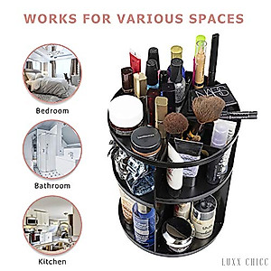 360 Rotating Makeup Organizer, DIY Adjustable Cosmetics Carousel Spinning Holder Storage Rack, Large Capacity, Eliminates Bathroom Countertop Clutter, Black, Luxx Chicc (Black)