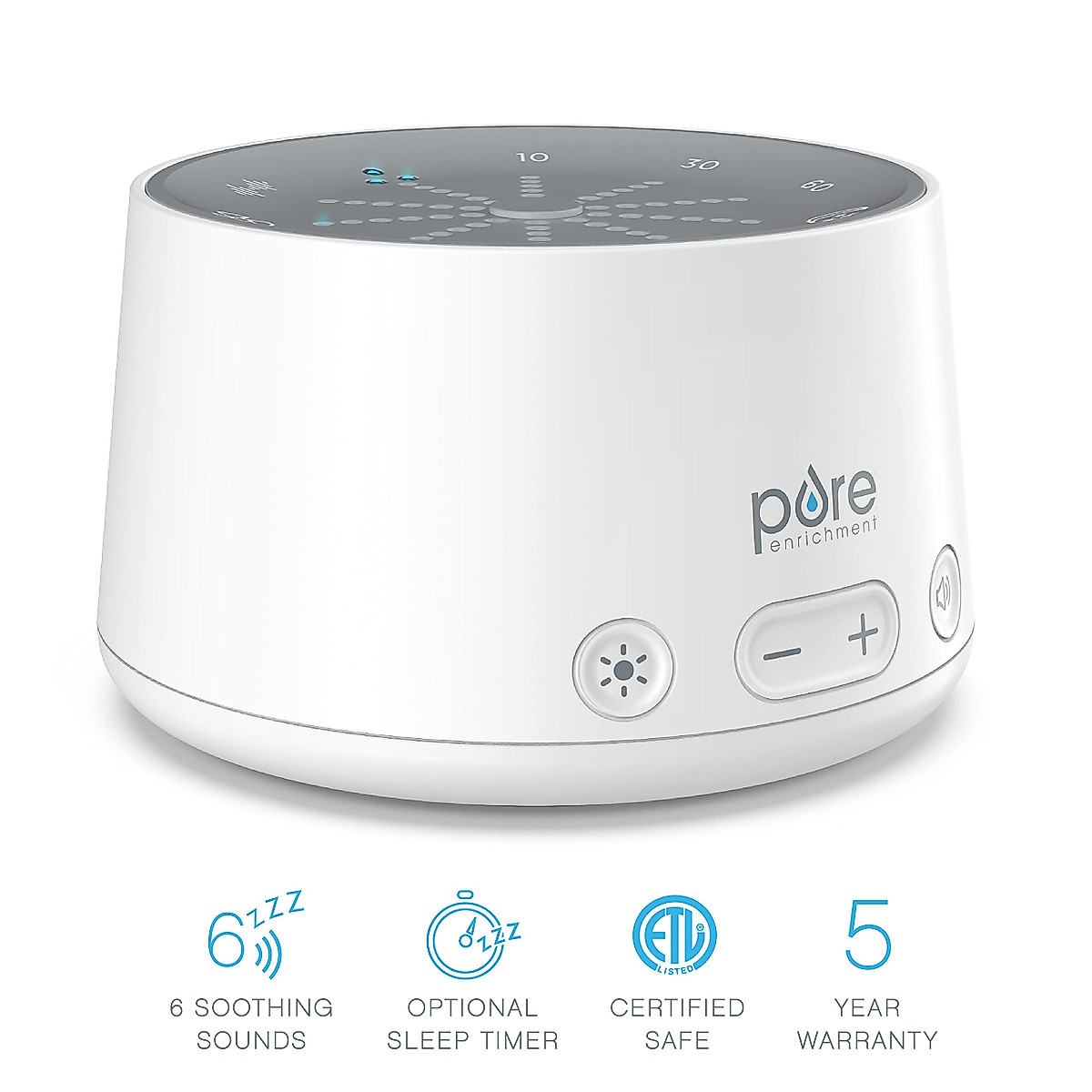 Pure Enrichment® Doze™ Sound Machine and Sleep Therapy Light - 6 Soothing Sounds, Relaxing Pulse Light, Auto Sleep Timer, and Built-in USB Charger - All-Natural Sleep Aid and Stress Reliever