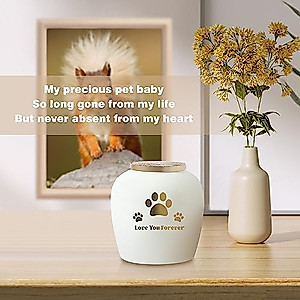 KofarZon Ceramic Small Urn for Pet Ashes, Paw Print Funeral Memorial Keepsake for Small Animal Cats Dogs Rabbits Hamsters Birds Tortoise with Keychain and Bag – Love You Forever (White, 12 CU in)