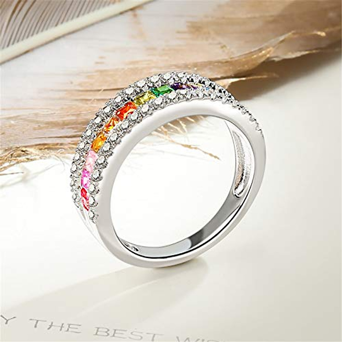 GNOCE Multi-Color Rainbow Band Ring 925 Sterling Silver Princess Cut Women Rings Eternity Wedding Bands Promise Rings for Her (Silver, 7)