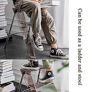 Acrylic 3 Step Ladder Step Stool Transparent L44xW52xH63cm Folding Step Stool 150kg Capacity Ladder for Kitchen Electroplated Silver Iron Frame Household Stool