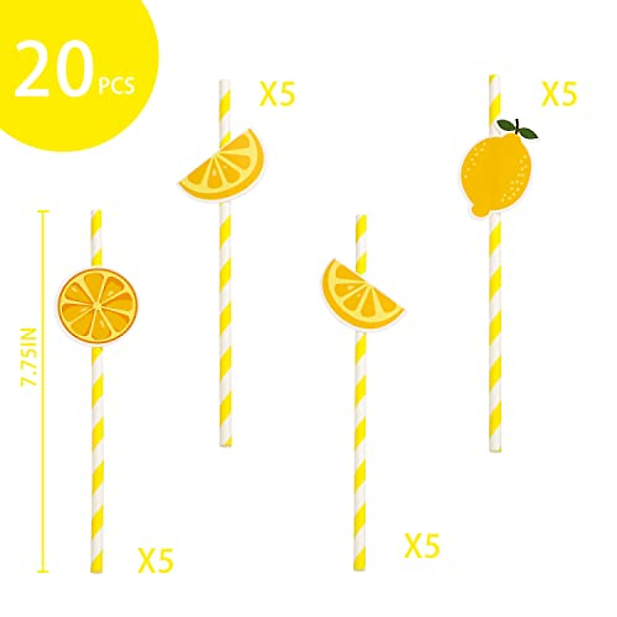 Lemon Biodegradable Paper Straws，Lemon Birthday Party Striped Decorative Straws - Set of 20.