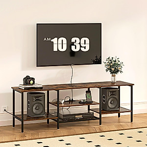 Entrintou TV Stand with Power Outlet for 55/65/70/75 inch TVs, TV Console Table with Open Storage Shelves, 3-Tier Industrial Entertainment Center, Wood TV Stand for Living Room, Bedroom, Brown Black