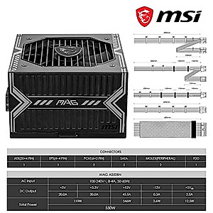 MSI MAG A550BN Gaming Power Supplyr - 80 Plus Bronze Certified 550W - Compact Size - ATX PSU