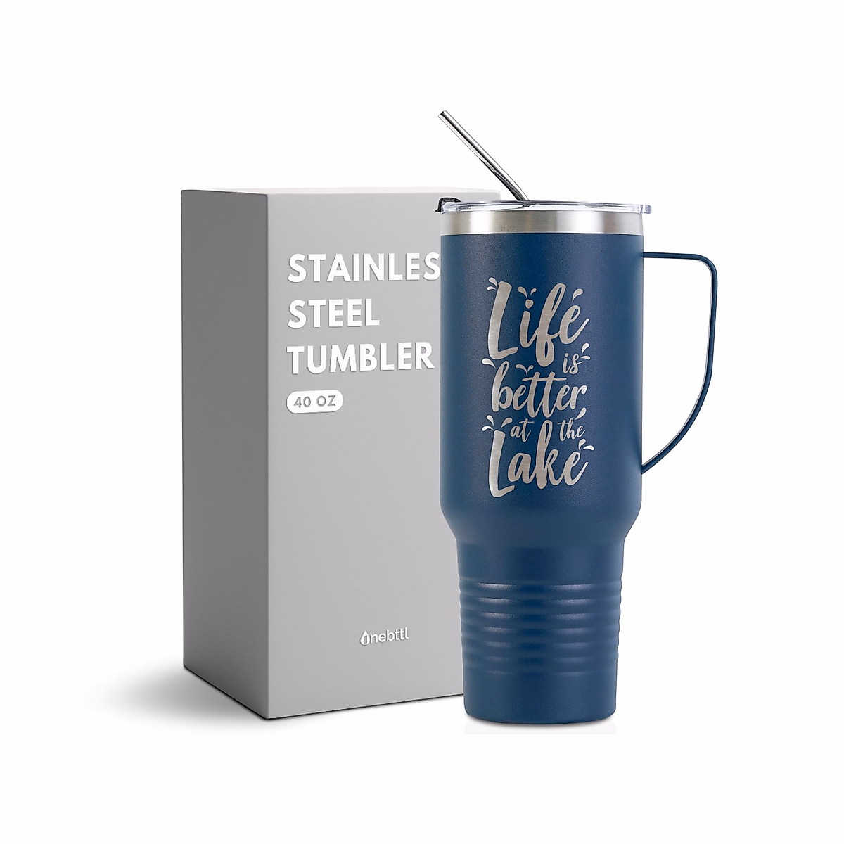 Onebttl Lake House Gifts, Lake Gifts for Women, Men, 40oz Insulated Travel Cup with Handle Lake Life Gifts, Housewarming Gifts for Lake House, Gifts for Lake Lovers, Blue - Life Is Better at the Lake