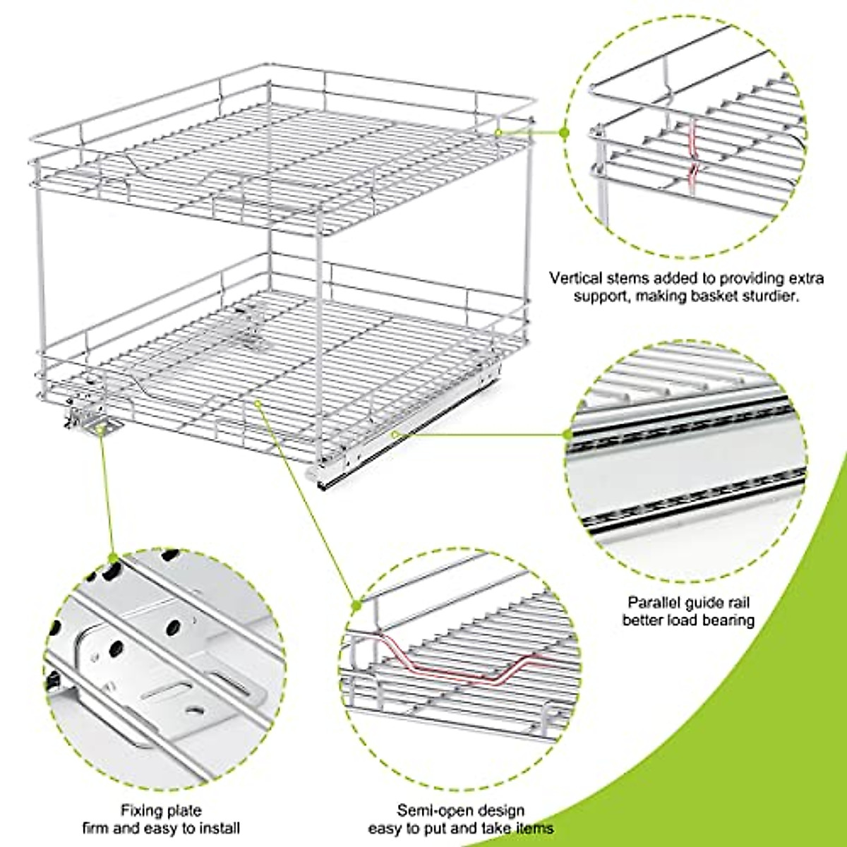 BONADOM 2 Tier Pull Out Cabinet Organizer(21''Dx17''W) Heavy Duty Slide Out Drawers for Kitchen Cabinets Storage Roll Out Shelf Rack Storage for Pots, Pans, PullOut Cupboard Organizer
