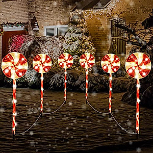 RAYNEL 6 Pack Christmas Pathway Lights Outdoor, 28" 120 LED Lollipop Peppermint Pathway Lights, Candy Cane Christmas Decorations with 8 Lighting Modes for Xmas Holiday Patio Yard Lawn Garden