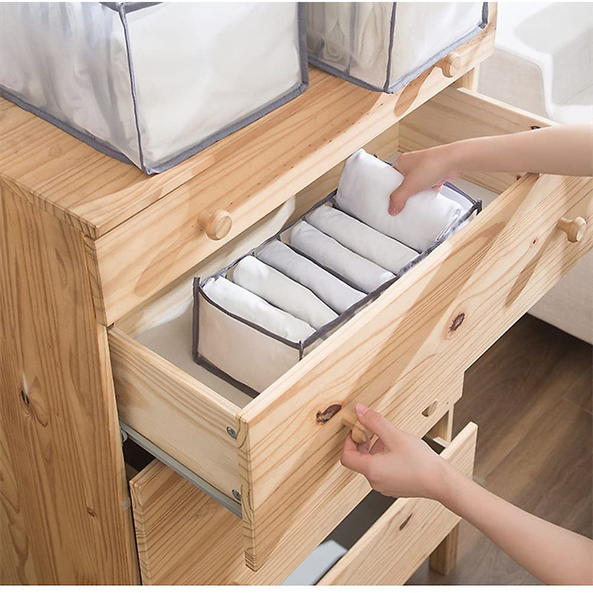 2Pcs Wardrobe Clothes Organizer - Closet Organizers and Storage Baskets, 7 Grids Closet Organizers, Stackable and Foldable Clothes Drawer Mesh Separation Box, Clothing Storage Bins