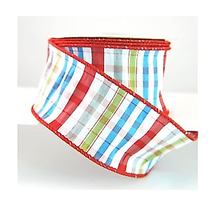 Wired Flambeau Multi Red, Olive, White and Light Blue Striped Dupioni Ribbon 2 1/2" - 10 Yards